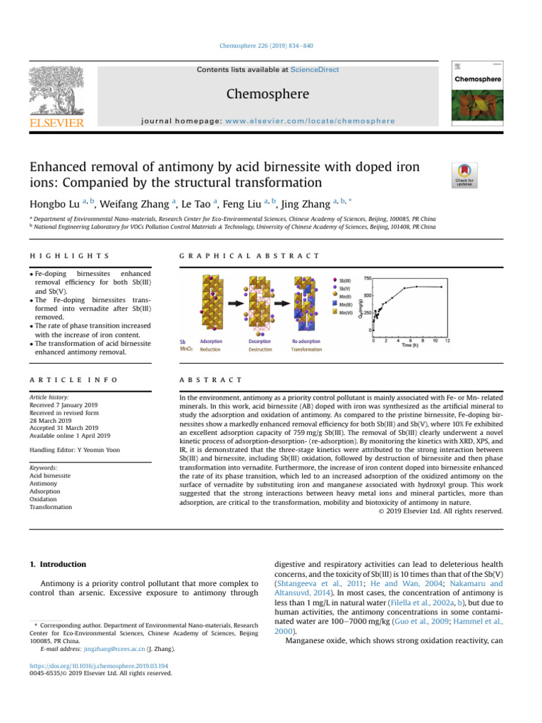 Enhanced Removal of Antimony by Acid Birnessite With Doped Iron Ions ...