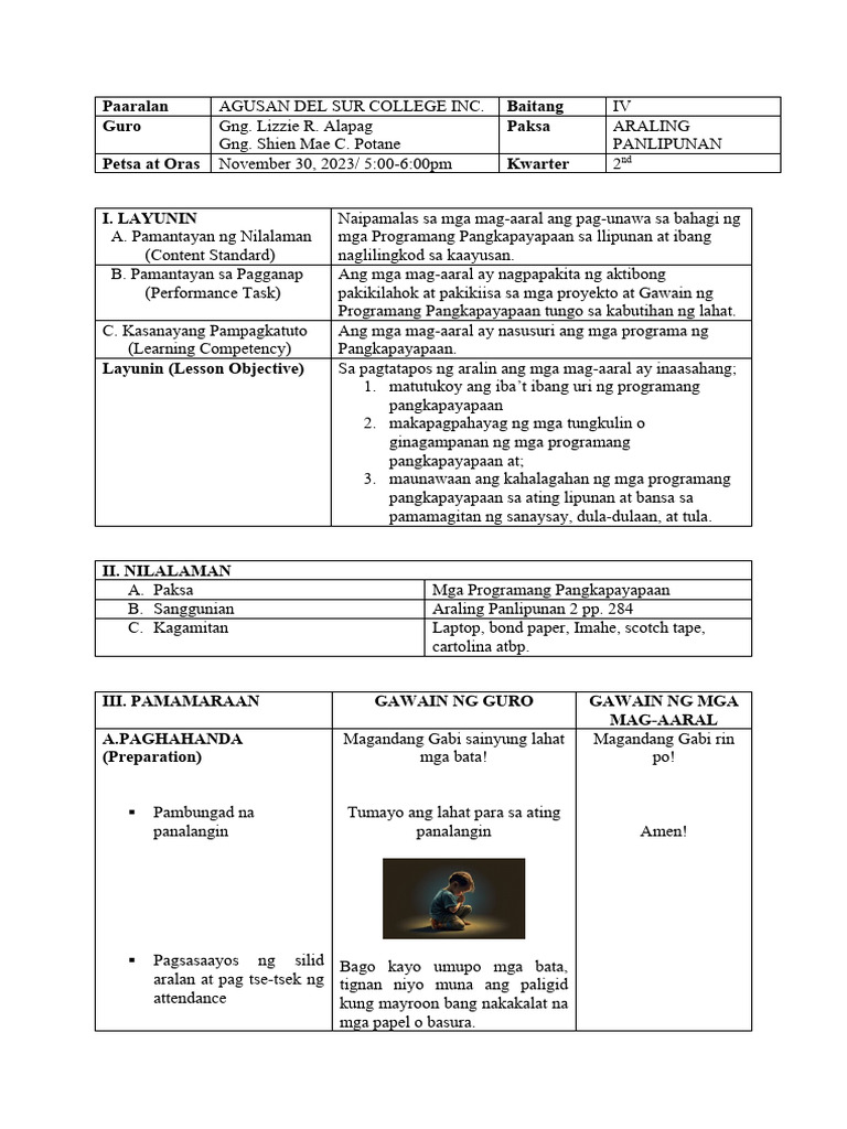 Lesson Plan ARAL PAN. | PDF