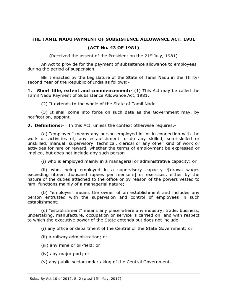TN Payment of Subsistence Allowance - Act - 1981 | PDF | Employment ...
