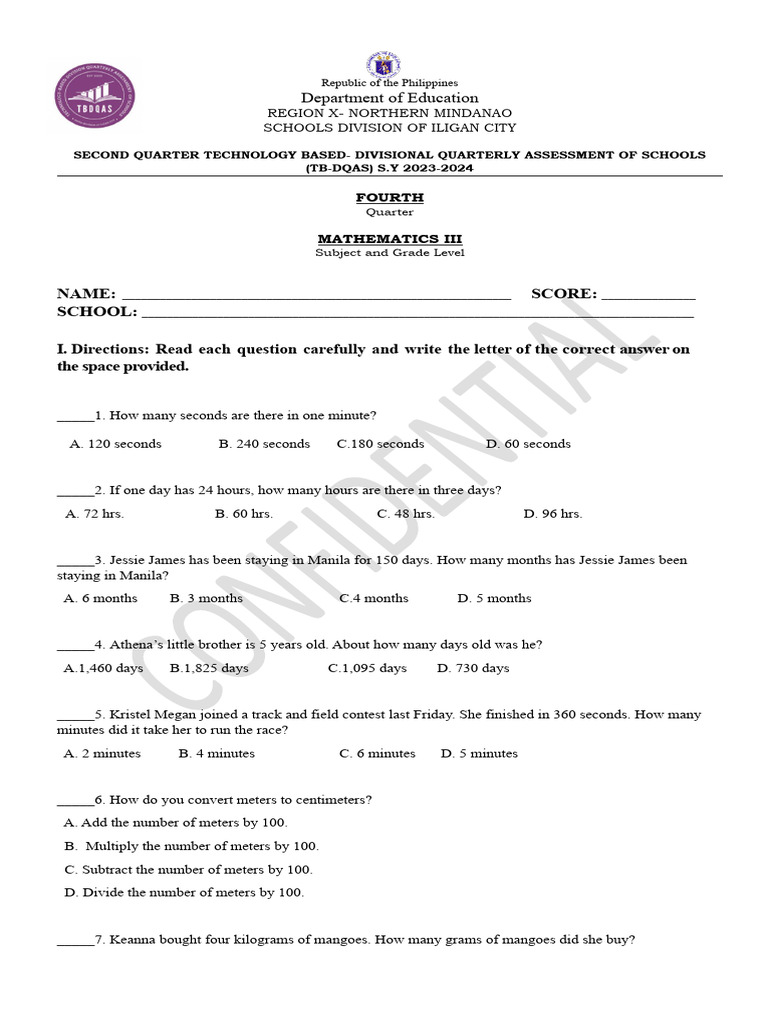 Math Assessment for Grade 3 Students | PDF