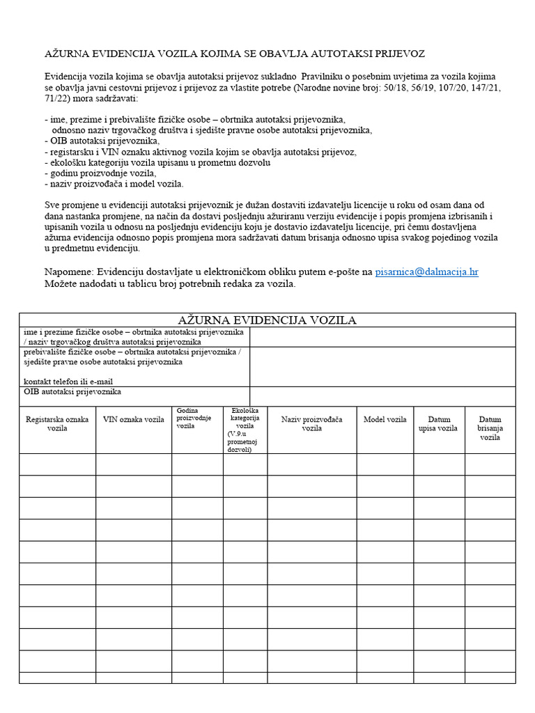 13.tablica - Ažurna Evidencija Vozila-New | PDF