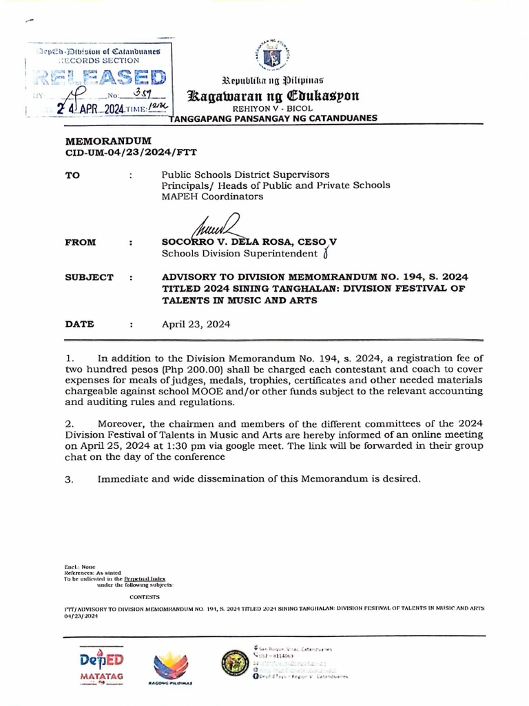Rec Um 2024 Advisory to Division Memorandum No.194 s. 2024 Titled 2024 ... Rec Um 2024 Advisory to Division Memorandum No.194 s. 2024 Titled 2024 ...
