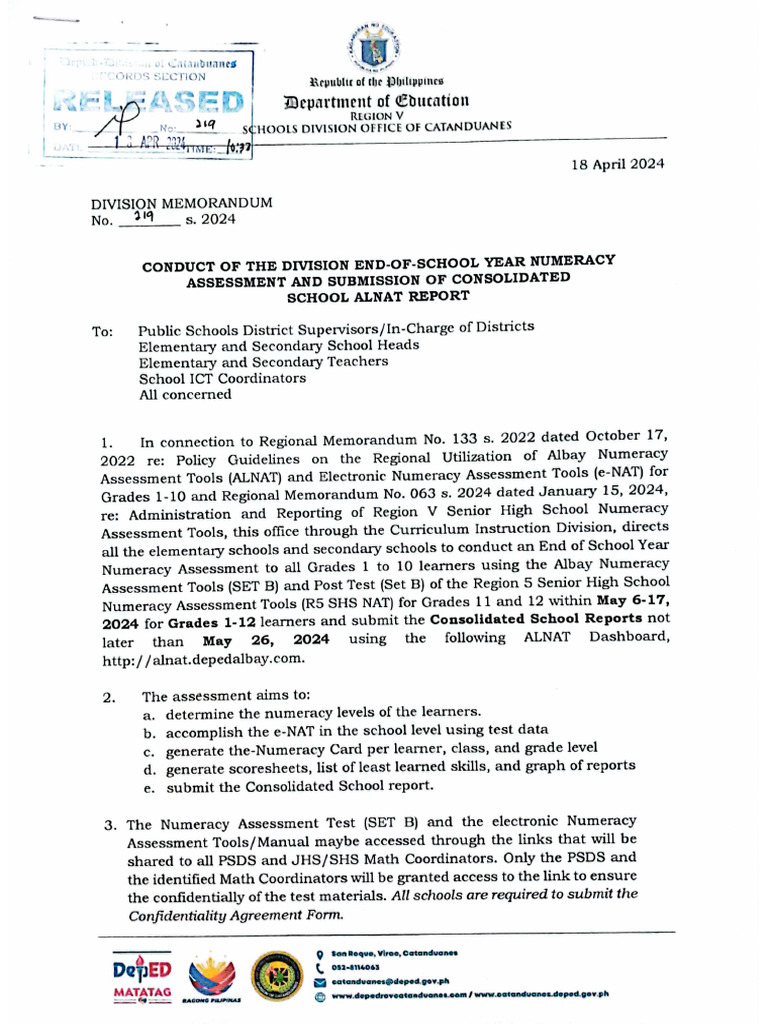 Rec DM 219 S. 2024 Conduct of The Division End of School Year Numeracy ...