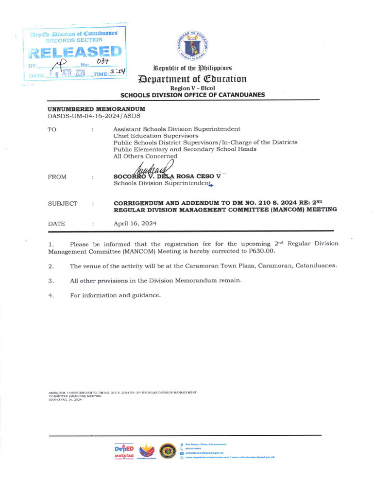 Rec Dac 037 s.2024 Corrigendum Addendum To DM No.210 s.2024 Re 2nd Regular Division Management ...