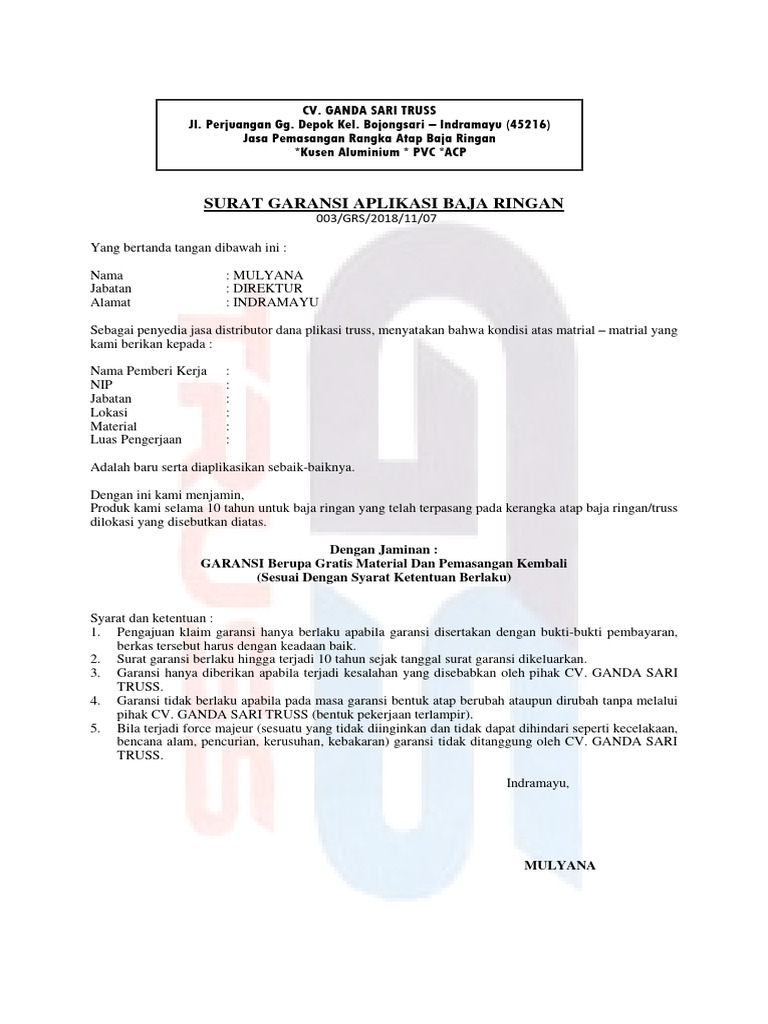 Surat Garansi Baja Ringan 10 Tahun | PDF
