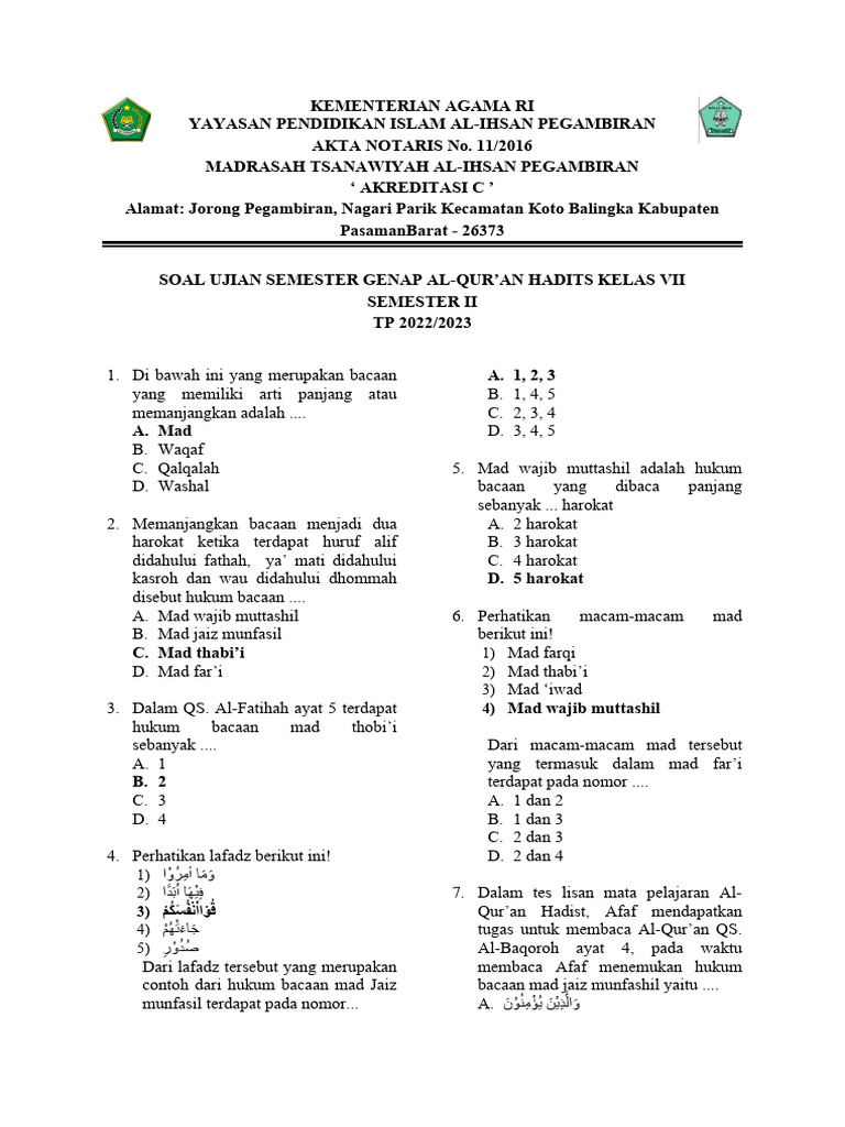Soal Ujian Al-Qur'an Hadits Kelas VII | PDF