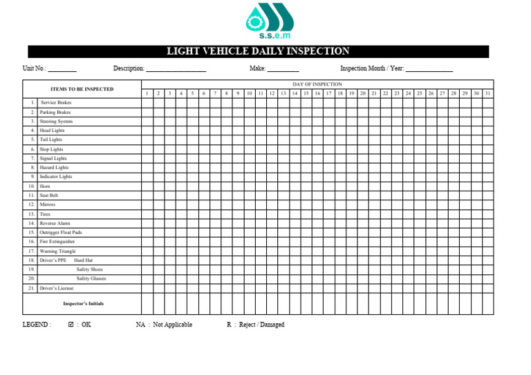 Daily Light Vehicle Inspection Checklist | PDF | Technology & Engineering