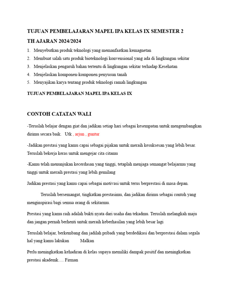 Tujuan Pembelajaran Mapel Ipa Kelas Ix | PDF