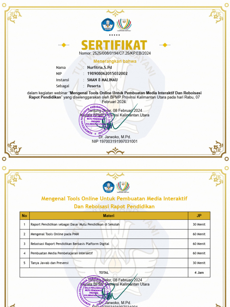 4 JP ENGGAN RAPOT PENDIDIKAN Sertifikat 4JE95-2525 Nurfitria, S.PD | PDF | Ilmu Sosial