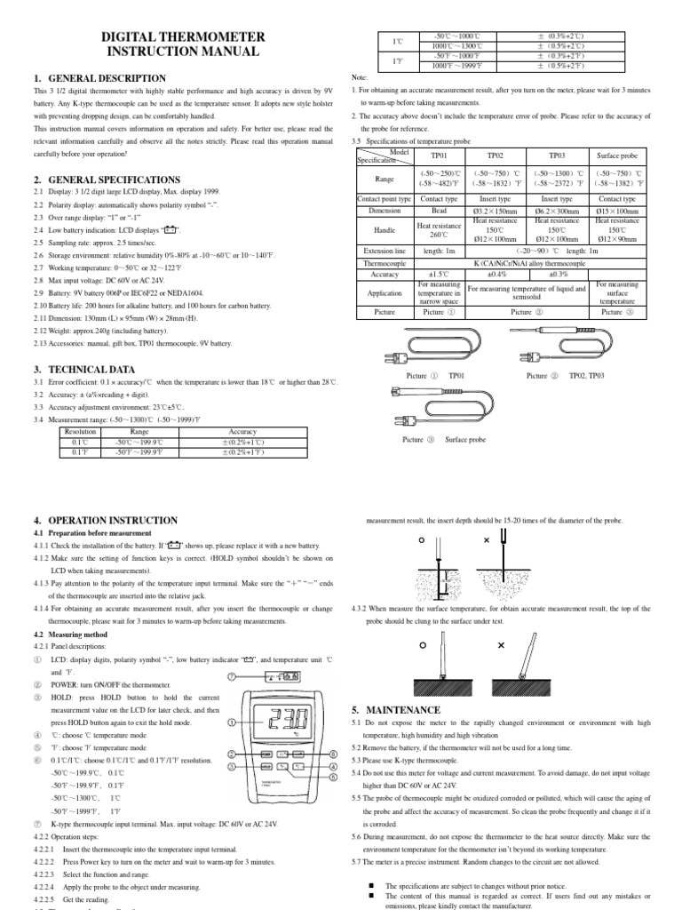 Digital Thermometer Instruction Manual | PDF | Thermocouple | Thermometer