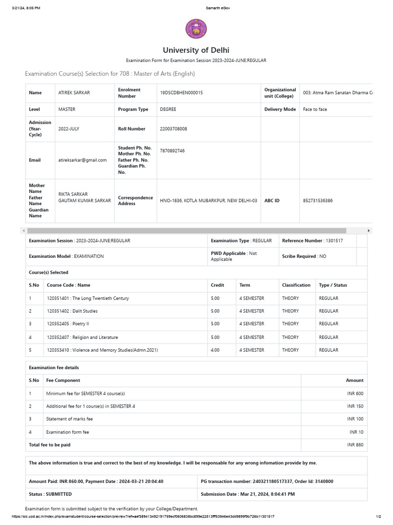 Examination Receipt | PDF