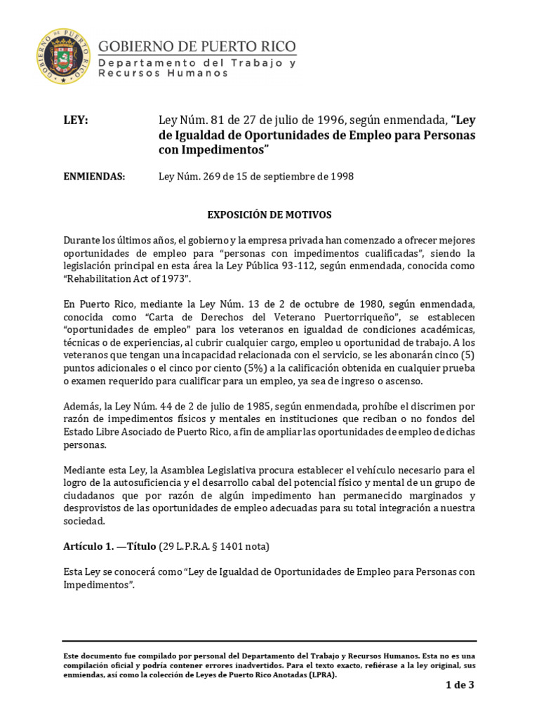 Ley 81-1996, Ley de Igualdad de Oportunidades de Empleo para Personas ...