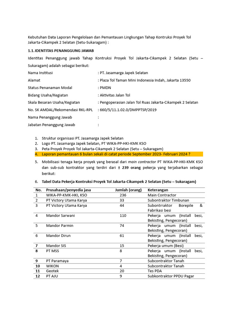 Kebutuhan Data Dokumen Pelaksanaan RKL RPL Proyek Tol Jakarta-Cikampek ...