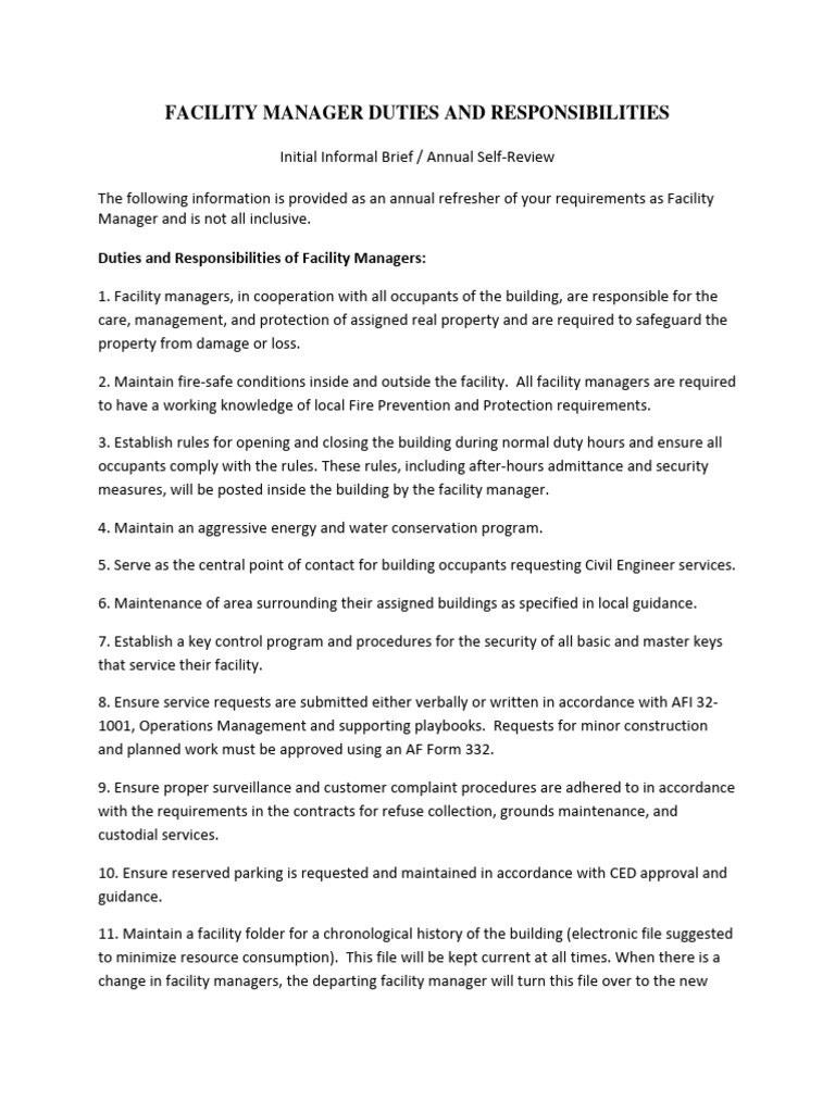 Facility Manager Duties Guide | PDF | Computers | Technology & Engineering