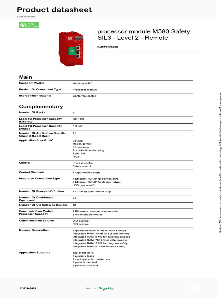 Modicon M580 SIL3 Processor Specs | PDF | Programmable Logic Controller | Computing