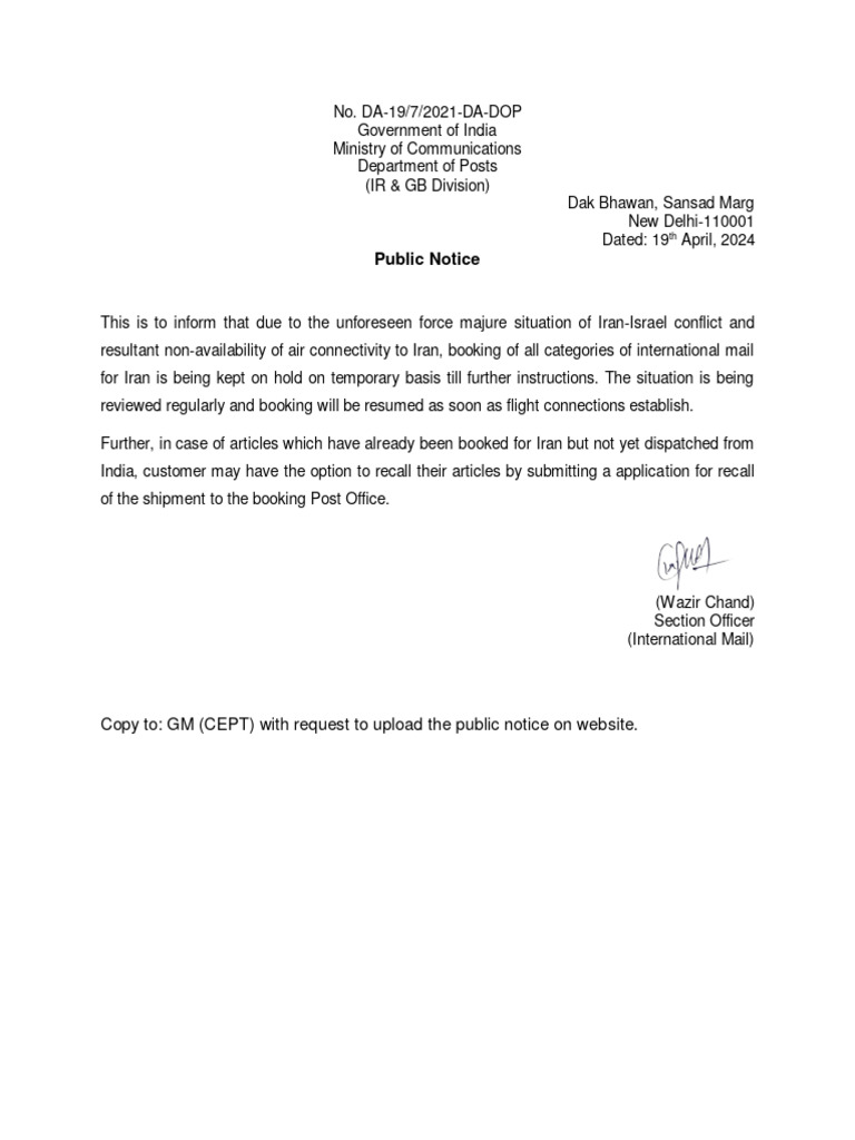 Temporary Hold on Mail to Iran | PDF