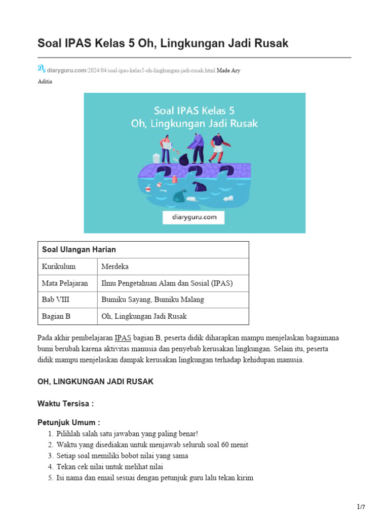 Soal IPAS Kelas 5 Oh Lingkungan Jadi Rusak | PDF