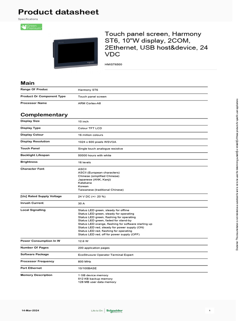 Schneider Electric - Harmony-ST6 - HMIST6500 | PDF | Touchscreen | Usb