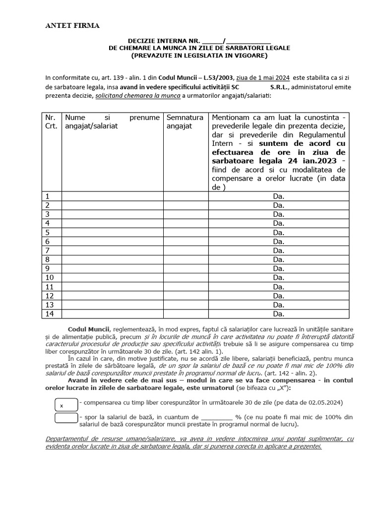 Decizie Lucru Sarbatori Legale | PDF