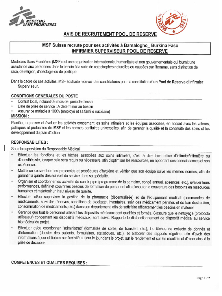 Avis de Recrutement - Infimier - Sup - MSF | PDF