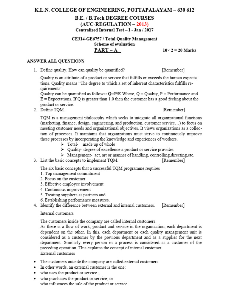 CIT - 1 TQM Key | PDF | Customer | Quality Management