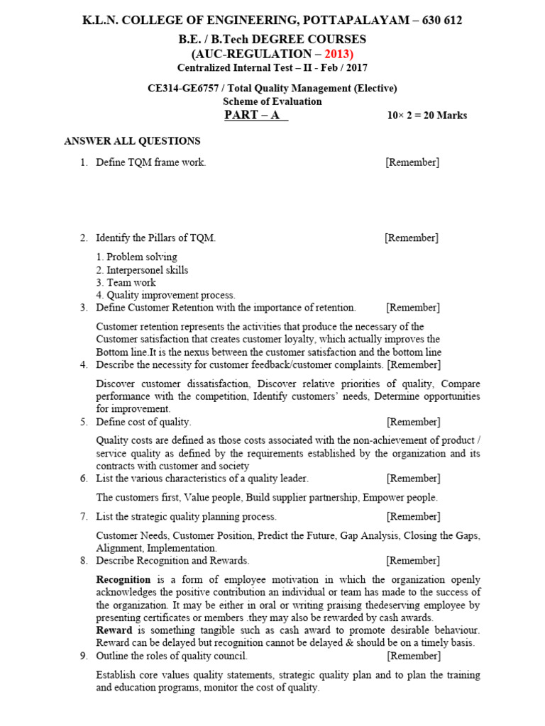 CIT - 2 TQM Key | PDF | Employee Retention | Cognition