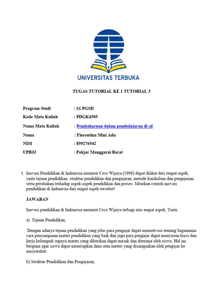 Tugas 1 Pembaharuan Dalam Pembelajaran Di SD | PDF