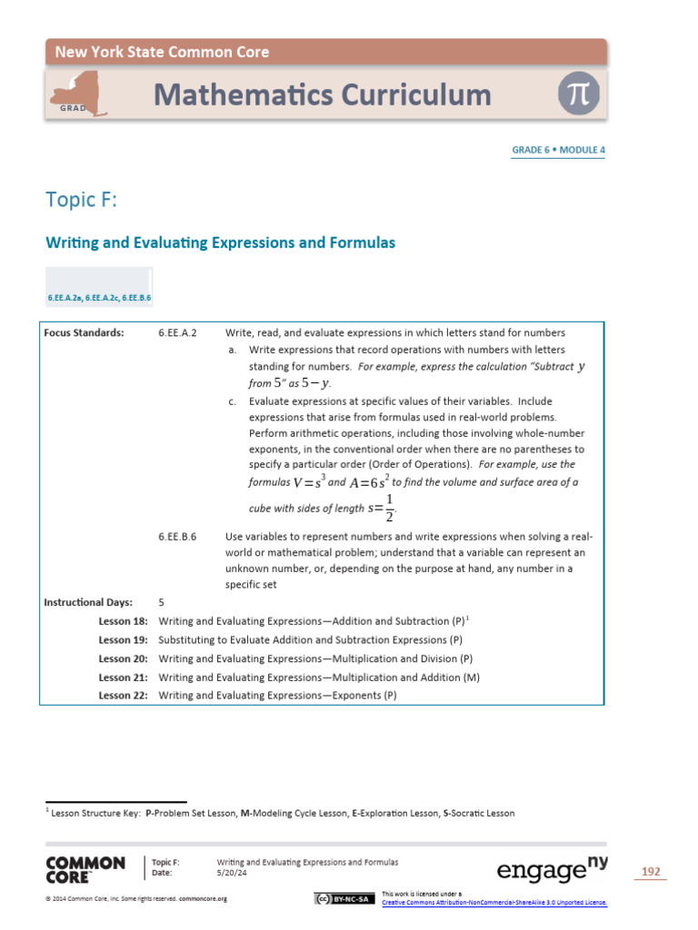 Math g6 m4 Topic F Overview | PDF | Variable (Mathematics) | Formula