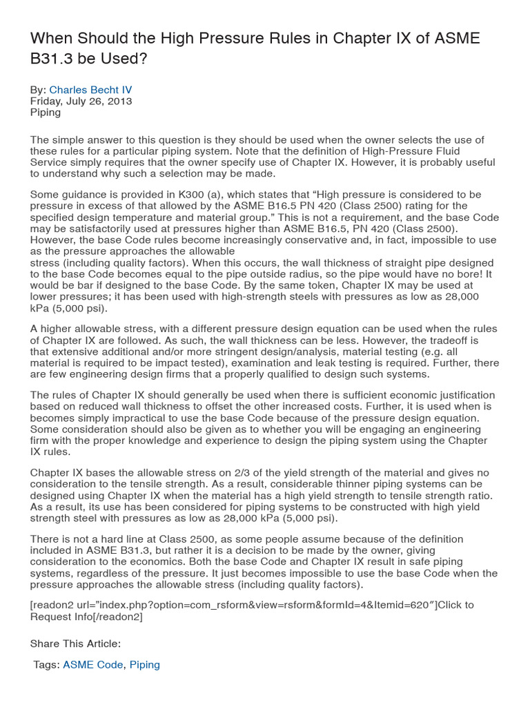 When Should The High Pressure Rules in Chapter IX of ASME B31.3 Be Used ...