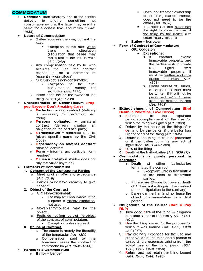 Understanding Commodatum Contracts | PDF | Interest | Loans