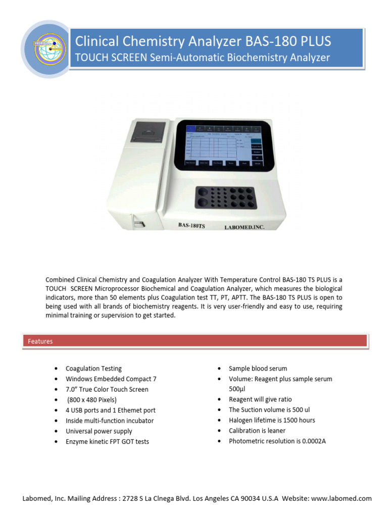Labomed BAS 180-TS = Semi Auto Bio-Chemistry Analyzer | PDF | Coagulation