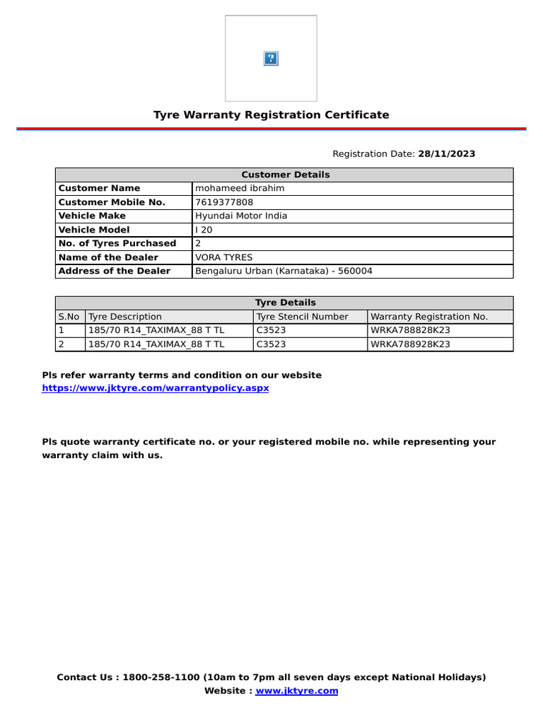 JK Tyre Warranty Registration Details | PDF | Finance & Money Management
