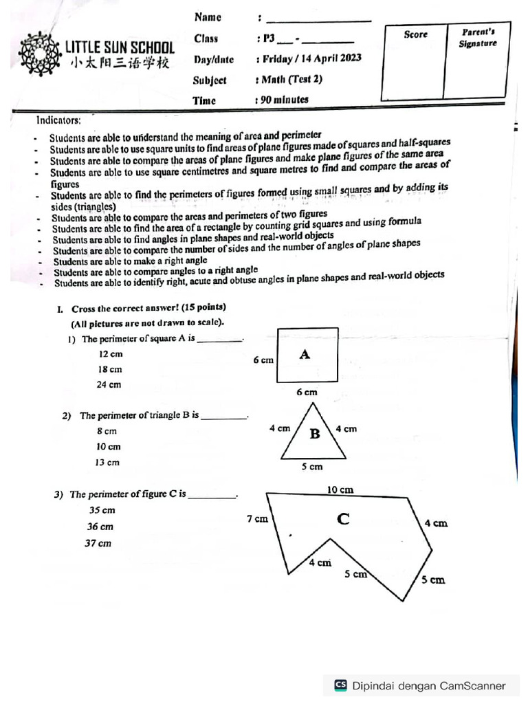 Area, Perimeter, Angle (Test 2) | PDF