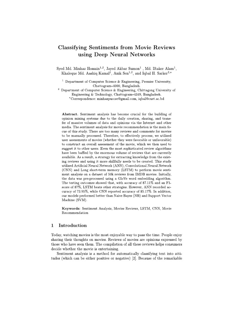 Classifying Sentiments From Movie Reviews Using Deep Neural Networks | PDF