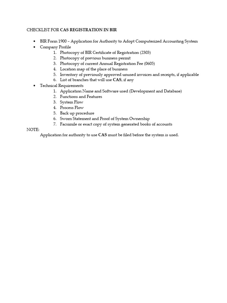 Checklist For Cas Registration in Bir | PDF | Technology & Engineering