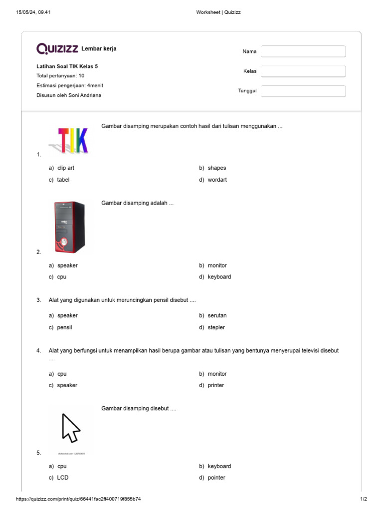 Worksheet Kelas 5 - Quizizz | PDF