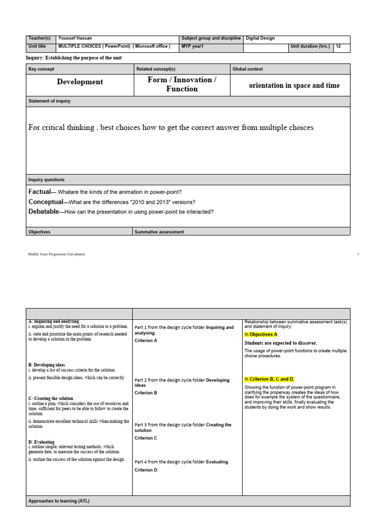 MYP Year 1, Multiple Choice Prog. | PDF | Educational Assessment ...