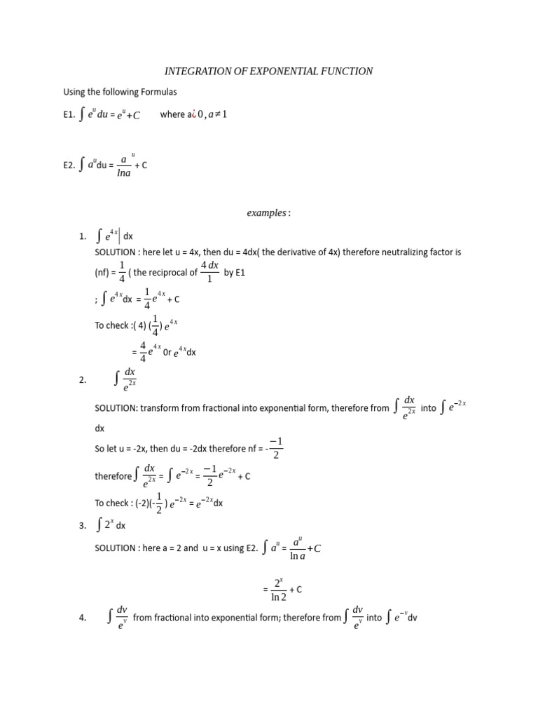 INTEGRATION OF EXPONENTIAL FUNCTION Discussion in Calculus 2 | PDF ...
