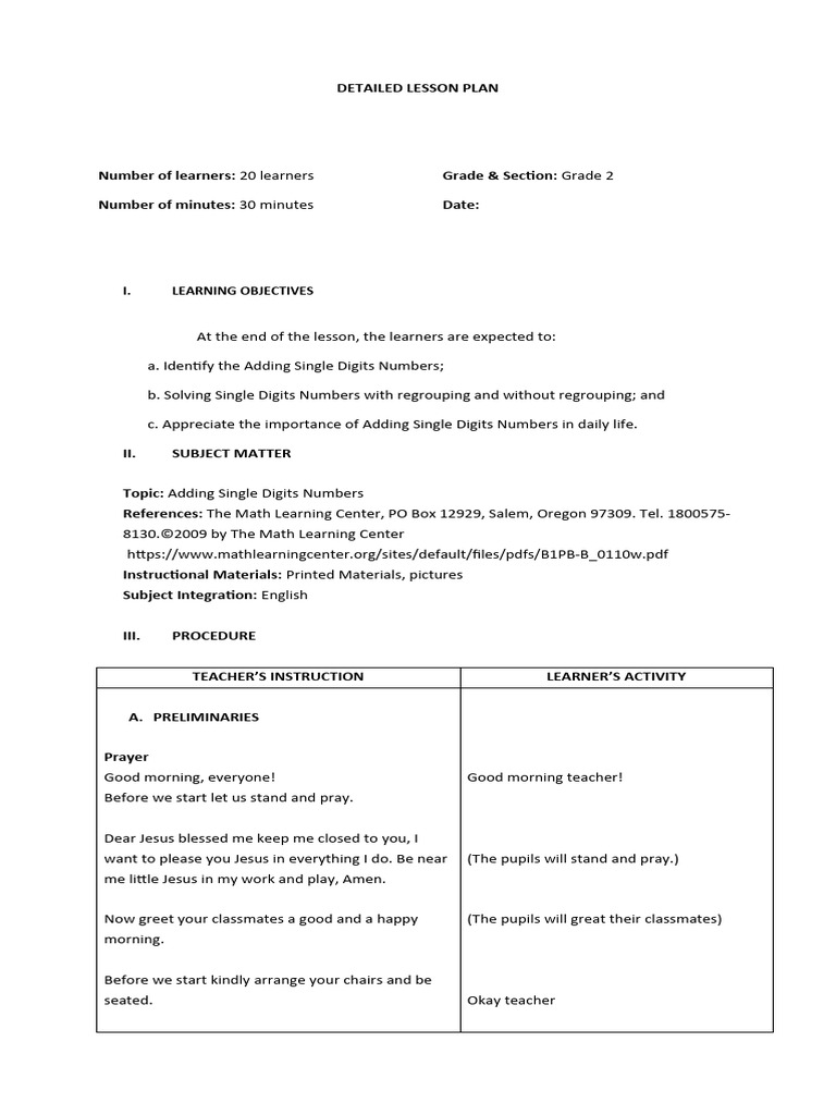 Detailed Lesson Plan 2 | Download Free PDF | Lesson Plan | Numbers
