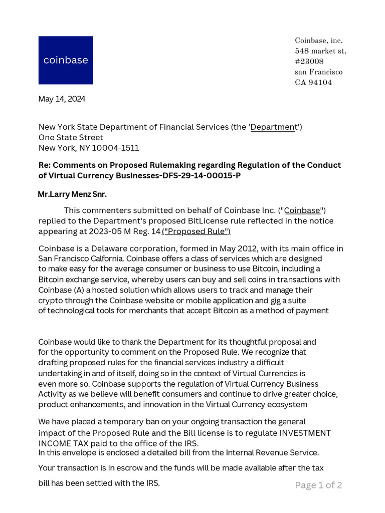 Coinbase Letter Correspondence-2-1-1 | PDF | Business | Payments