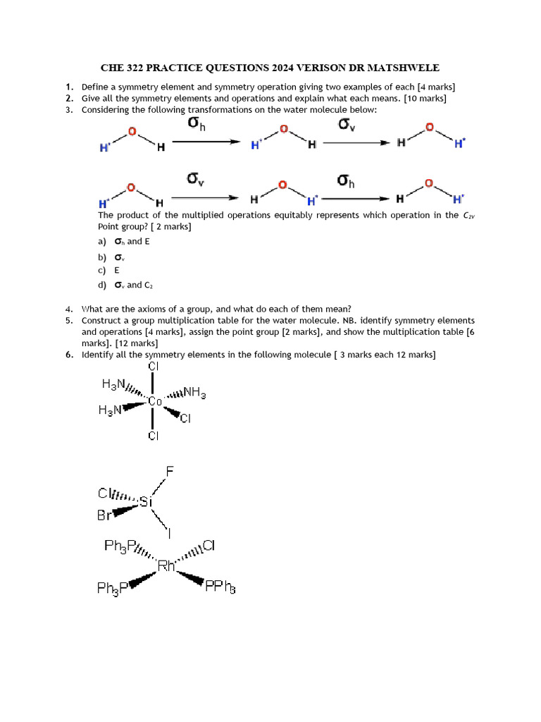 Che 322 Practice Questions 2024 | PDF | Physics | Group Theory