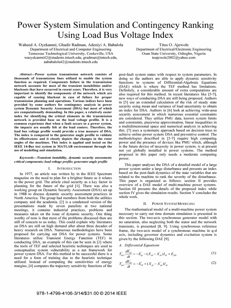 1 Power System Simulation And Contingency Ranking Pdf Electric Power Transmission