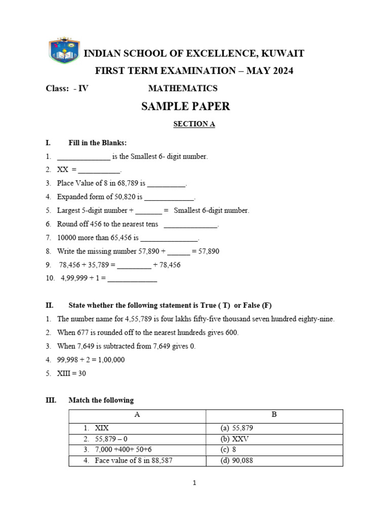 Grade 4 1st Term Exam Maths Sample Paper PDF | PDF | Numbers | Arithmetic