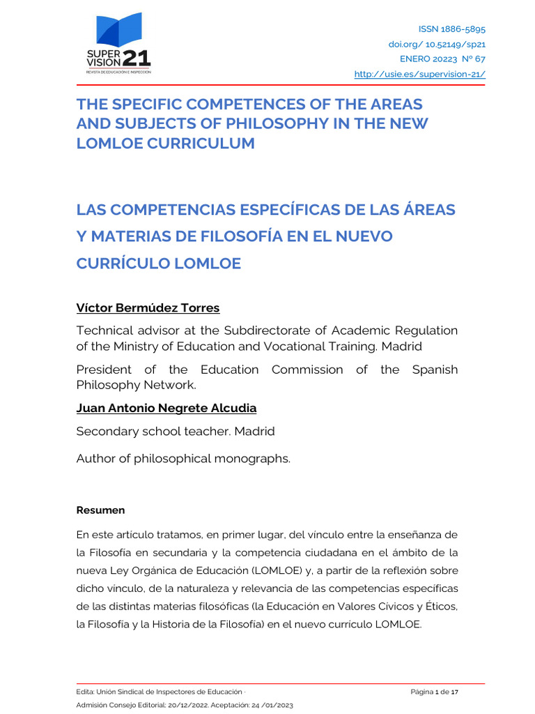 The Specific Competences of The Areas and Subjects of Philosophy in The ...