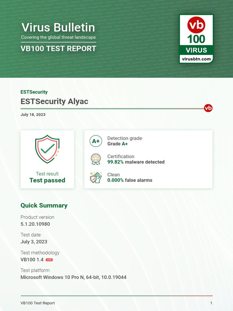 vb100 Test Report 2023 07 18 Estsecurity Alyac | PDF | Malware ...