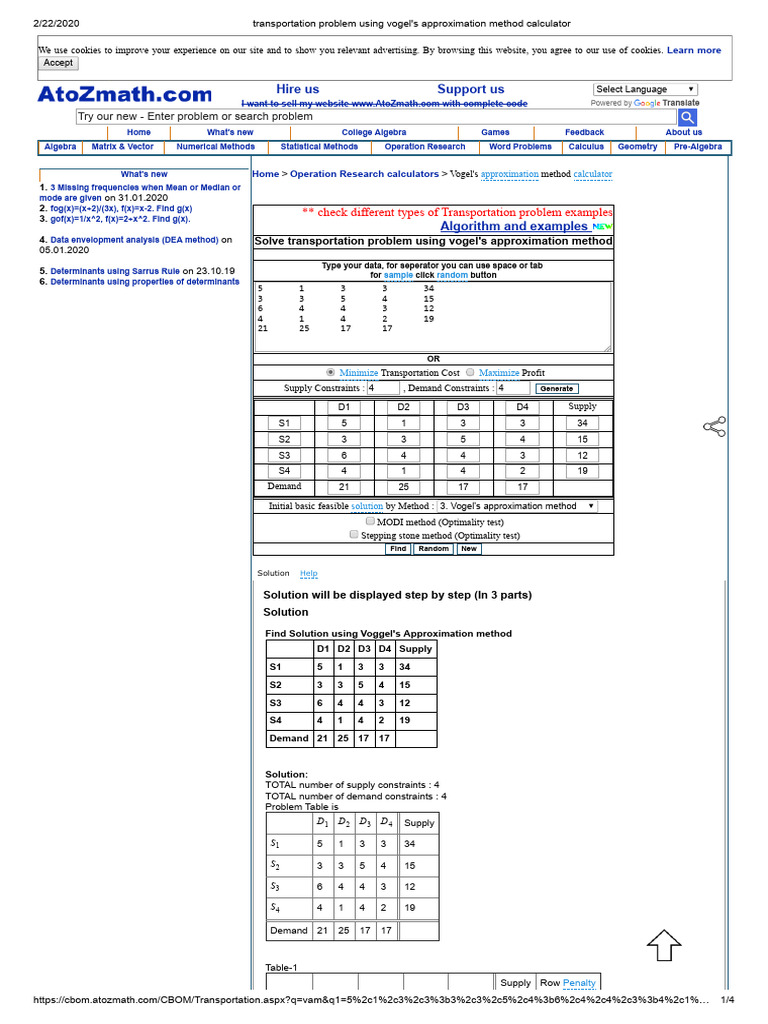 Transportation Problem Using Vogel's Approximation Method Calculator ...