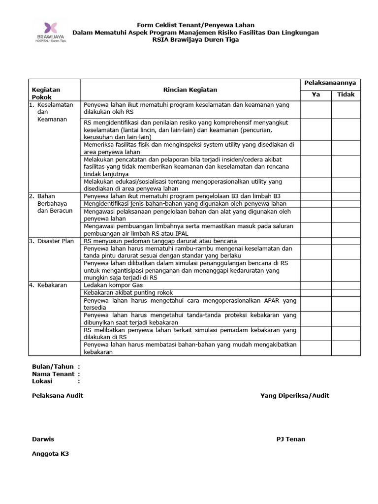 Form Ceklist Tenant | PDF
