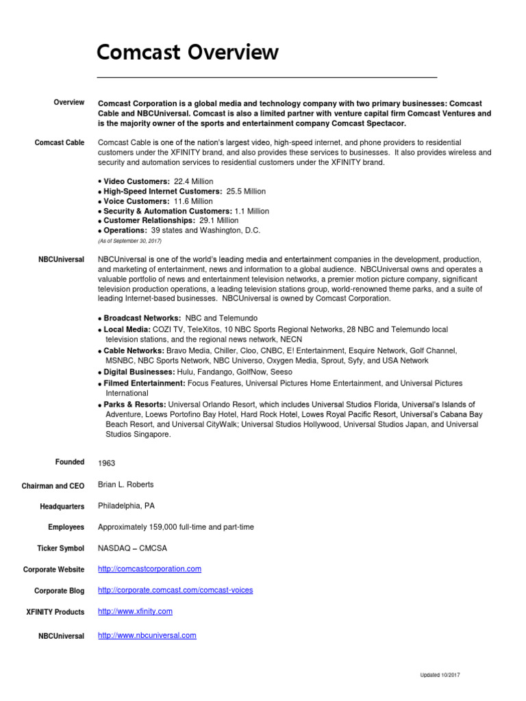 Comcast Press Kit August 2017 - p1 - Repl | PDF | Nbc Universal | Comcast