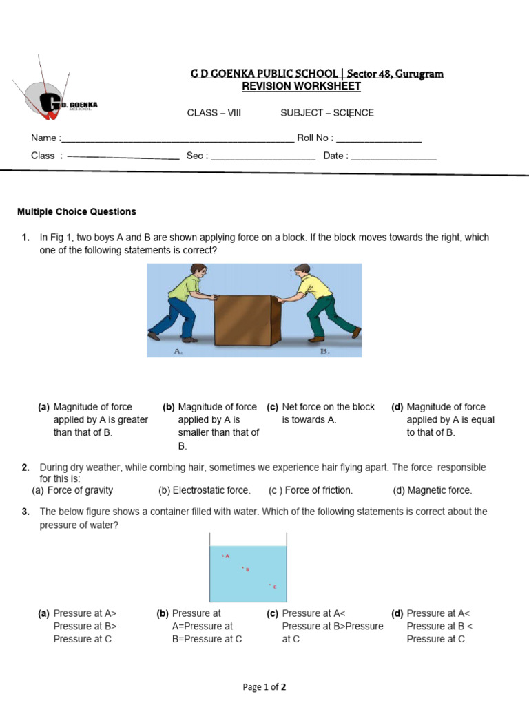 Force and Pressure Worksheet | PDF | Force | Physical Phenomena