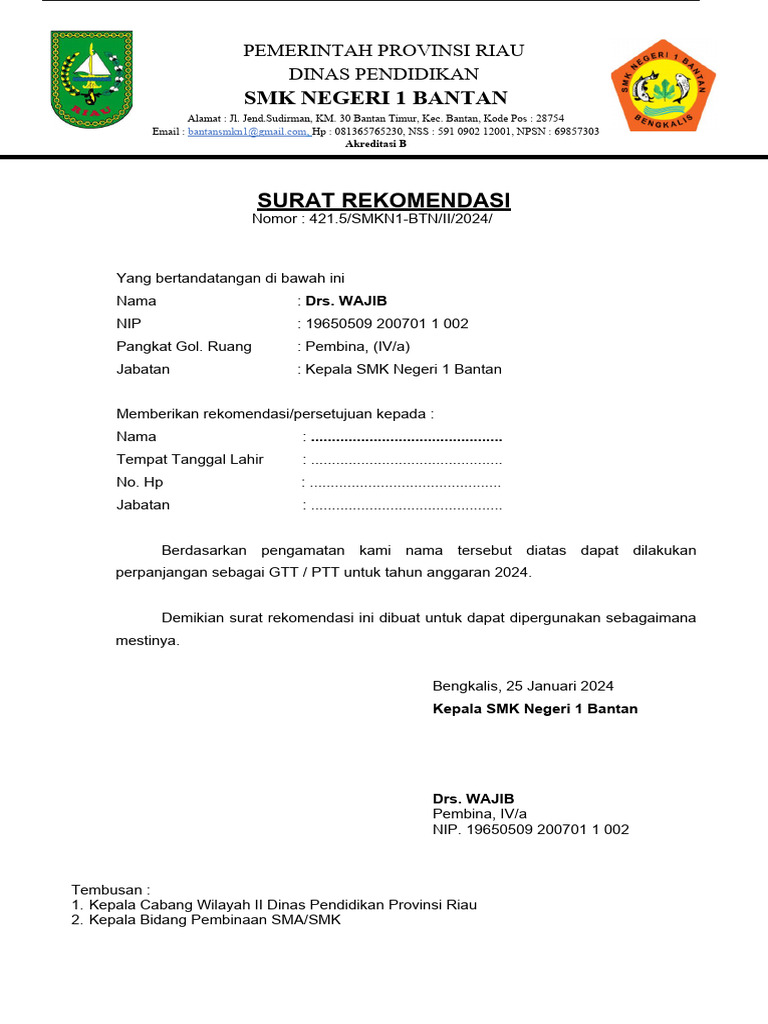 Contoh Surat Rekomendasi Perpanjangan SK 2024 | PDF